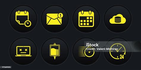 죽은 노트북 클라우드 데이터베이스 Iv 가방 스톱워치 캘린더 및 새로 만들기 이메일 수신 메시지 아이콘을 설정합니다 벡터 0명에 대한 스톡 벡터 아트 및 기타 이미지