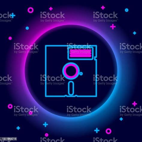 검은 색 배경에 격리 된 525 인치 아이콘에 빛나는 네온 라인 플로피 디스크 컴퓨터 데이터 저장을 위한 플로피 디스크입니다 디스켓 기호입니다 다채로운 개요 개념 벡터 고풍