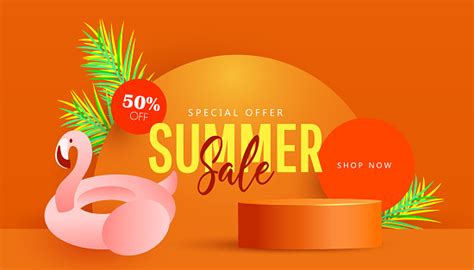 밝은 여름 세일 배너 디자인 배경플라밍고 열대 야자수 잎 오렌지 색 배경에 화장품을위한 미니멀 한 제품 연단 벡터 일러스트레이션 3차원 형태에 대한 스톡 벡터 아트 및 기타