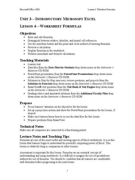 Excel Lesson 4 Pdf Worksheet Microsoft Excel