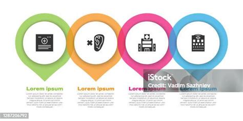 임상 기록 청각 장애인 의료 병원 건물 및 눈 검사 차트를 설정합니다 비즈니스 인포그래픽 템플릿입니다 벡터 감각 지각에 대한 스톡 벡터 아트 및 기타 이미지 Istock