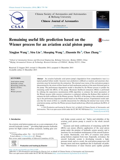 Pdf Remaining Useful Life Prediction Based On The Wiener Process For An Aviation Axial Piston Pump