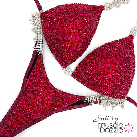 Exclusive Hand Crystalled Ruby Red Comp Bikini Muscle Dazzle