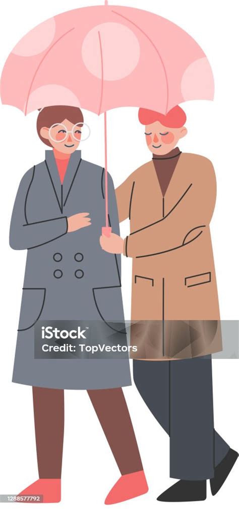 젊은 남성과 여성 커플 우산 을 즐기는 산책 에 이 비오는 날 벡터 일러스트 개념에 대한 스톡 벡터 아트 및 기타 이미지 개념 거리 걷기 Istock