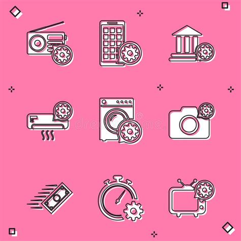 Set Radio Setting Mobile Apps Bank Building Air Conditioner Washer And Photo Camera Icon