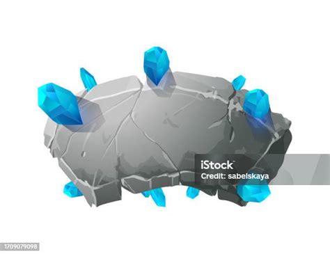 파란색 반짝이는 수정이 있는 아치 석판 금이 간 바위 배너 벡터 아크 직사각형 프레임 인터페이스 블록 바위 바위에 대한 스톡