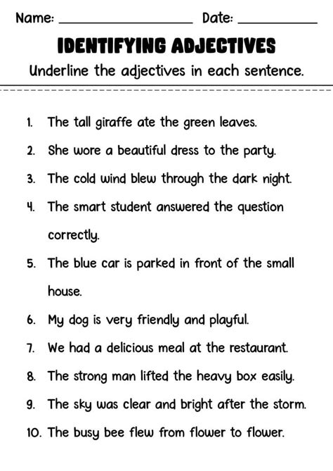 Name Qquad Date Qquad Identifying Adjectives Underline The Adjectives