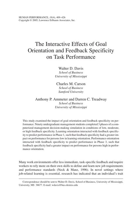 Pdf The Interactive Effects Of Goal Orientation And Feedback Specificity On Task Performance
