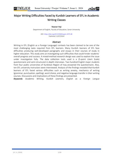 Pdf Major Writing Difficulties Faced By Kurdish Learners Of Efl In Academic Writing Classes