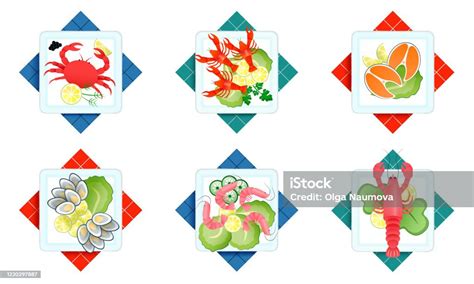 신선한 건강한 해산물 저녁 식사 세트 랍스터 게 문어 오징어 암 생선의 맛있는 요리 플랫 만화 스타일의 벡터 일러스트레이션 0명에 대한 스톡 벡터 아트 및 기타 이미지