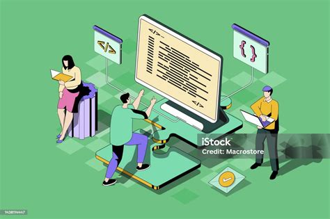 3d 아이소메트릭 디자인의 개발자 팀 웹 개념 프로그래머 팀은 프로젝트 엔지니어링 프로토 타입 코딩 및 테스트 코드 및 스크립트를 작업합니다 사람 아이소메트리 장면이 있는