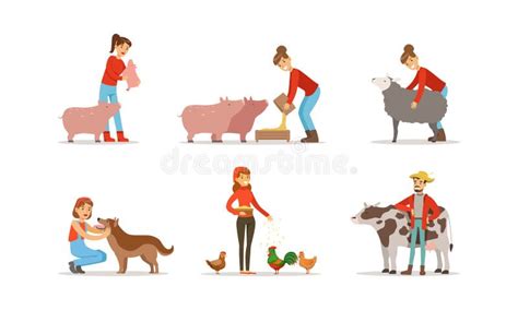 Conjunto Vectorial De Agricultores Criando Ganado Y Alimentando