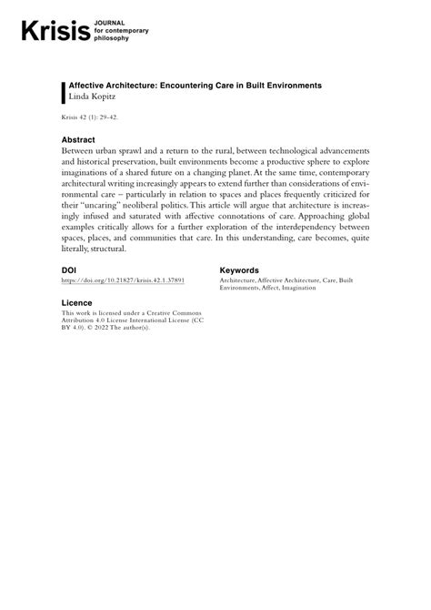 Pdf Affective Architecture Encountering Care In Built Environments