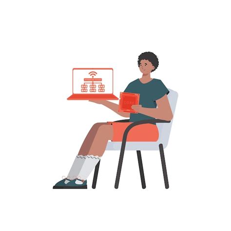 Premium Vector A Man Holds A Laptop And A Processor Chip In His Hands