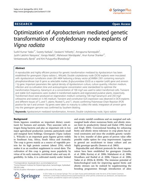 SOLUTION Optimization Of Agrobacterium Mediated Genetic Transformation Of Cotyledonary Node