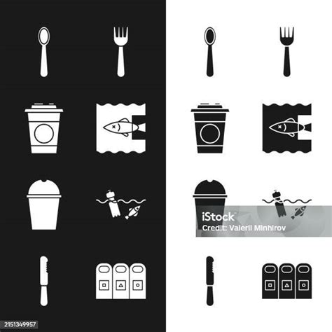 해양 플라스틱 오염 중지 종이 유리 일회용 숟가락 포크 물 문제 쓰레기통 분류 및 칼 아이콘을 설정합니다 벡터 0명에 대한 스톡