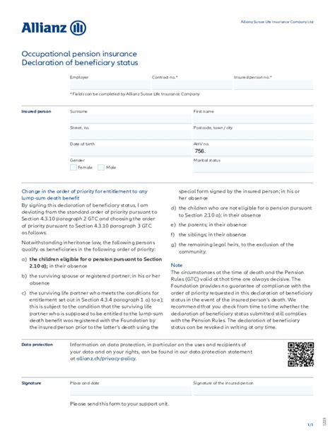 Fillable Online Declaration Of Beneficiary Status For Occupational Pension Insurance Fax Email