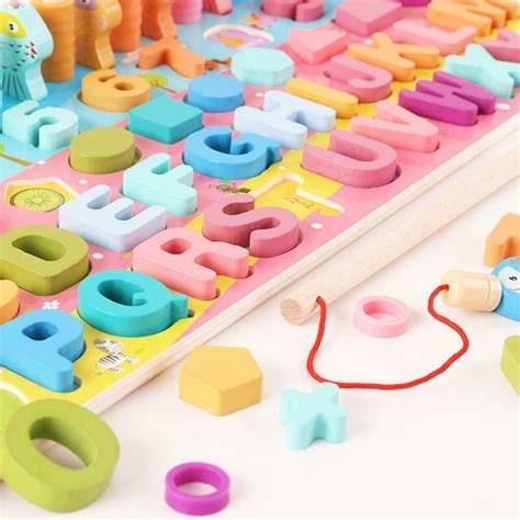 Дървена образователна игра Монтесори 6 в 1 цветен сортер букви цифри геометрични фигури