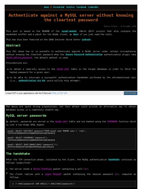 Authenticate Against A Mysql Server Without Knowing The Cleartext