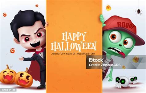 해피 할로윈 텍스트 벡터 템플릿 디자인입니다 뱀파이어와 좀비 캐릭터가 있는 빈 공간에 있는 할로윈 초대장 계절에 대한 스톡 벡터 아트 및 기타 이미지 Istock