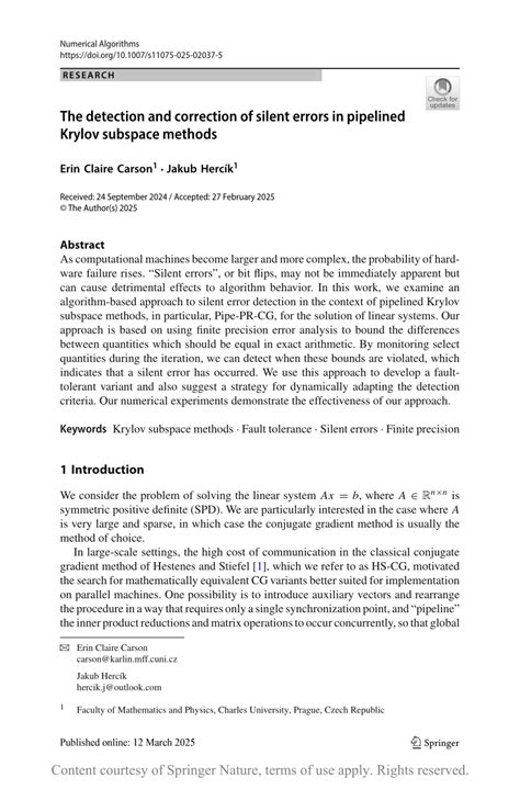 Pdf The Detection And Correction Of Silent Errors In Pipelined Krylov Subspace Methods