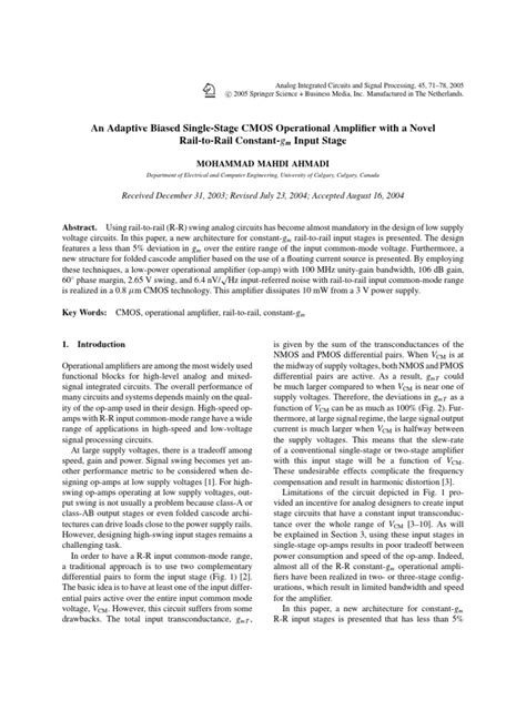 An Adaptive Biased Single Stage Cmos Operational Amplifier With A Novel Rail To Rail Constant Gm