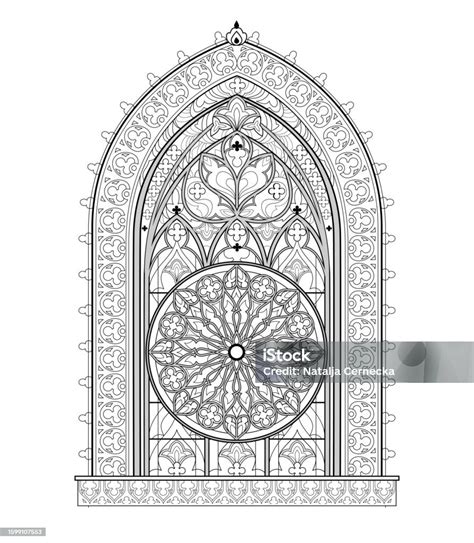 장미가 있는 프랑스 교회의 아름다운 고딕 양식의 스테인드 글라스 창문 색칠하기 책을 위한 흑백 그림 서유럽의 중세 건축 어린이와 성인을 위한 워크시트 벡터 이미지입니다 고딕