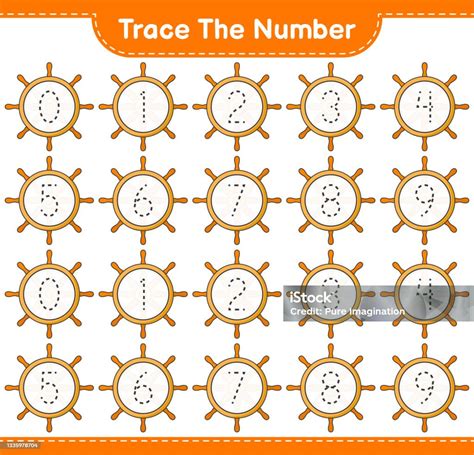 숫자를 추적합니다 선박 스티어링 휠로 숫자를 추적합니다 교육 어린이 게임 인쇄 워크 시트 벡터 일러스트레이션 0명에 대한 스톡
