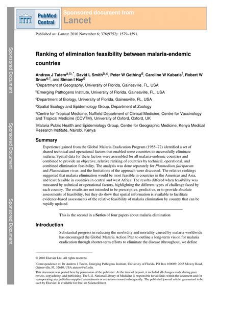 Pdf Ranking Of Elimination Feasibility Between Malaria Endemic Countries