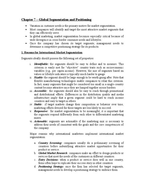 Chapter 7 Global Segmentation And Positioning 1 Pdf Market Segmentation Linear Regression