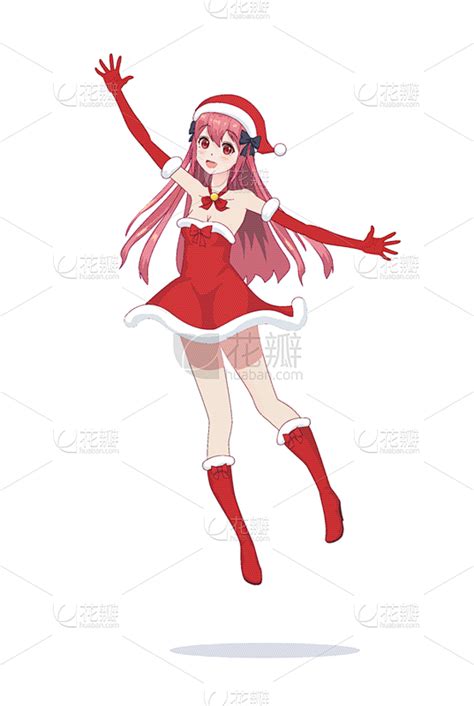 日本漫画风格接力赛女孩欢乐圣诞老人红色留白成年的跳庆祝