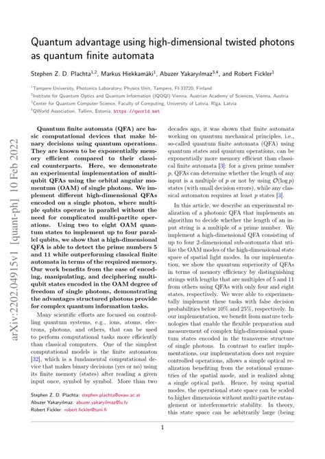 Pdf Quantum Advantage Using High Dimensional Twisted Photons As Quantum Finite Automata