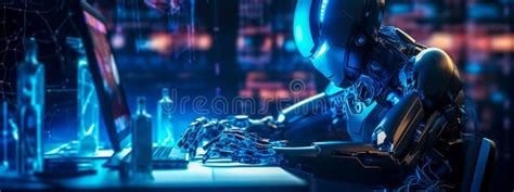 hacker robot hacks into a computer cyborg of future is working at