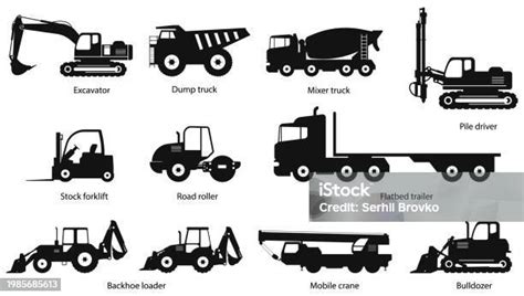 건설 기계 세트입니다 굴착기 덤프 트럭 믹서 트럭 더미 운전사 주식 포크리프트 도로 롤러 평상형트레일러 트레일러 굴착기 장전기 자동차 기중기 불도저를 위한 중장비 벡터 건설