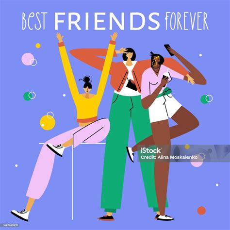 사람들 소녀 여자 친구 십대 또는 여성의 그룹과 문구 가장 친한 친구 영원히 그들은 재미 있고 축하합니다 행복한 우정의 날입니다 포스터 웹 사이트 또는 Ui Ux 디자인에