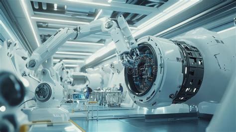 A Futuristic Industrial Setting With Robotic Arms Assembling Machinery Stock Illustration