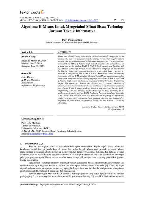 Pdf Algoritma K Means Untuk Mengetahui Minat Siswa Terhadap Jurusan Teknik Informatika
