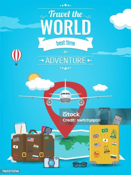 수하물 비행기 세계지도 및 기타 장비와 여행 배경 여행 및 관광 개념입니다 벡터 가방에 대한 스톡 벡터 아트 및 기타 이미지 가방 관광 관광객 Istock