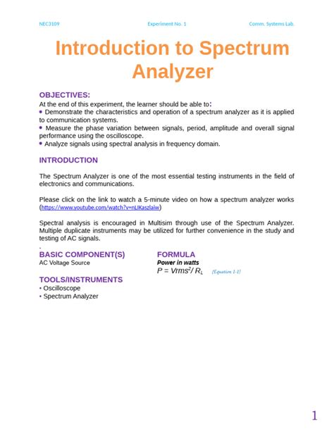 De Vera Experiment No 1 An Introduction To Spectrum Analyzer Pdf