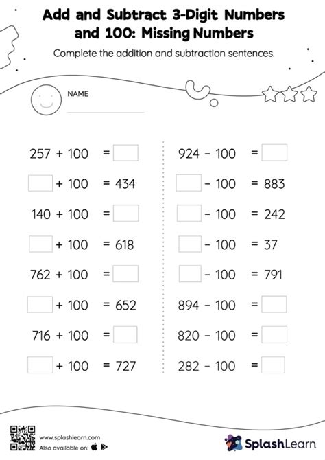Add And Subtract 3 Digit Numbers And 100 Missing Numbers Worksheet