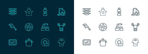 진공청소기 냄비 청소용 브러시 설거지 물방울 병 세제 주방 앞치마 아이콘을 설정합니다 벡터 가사 집안일에 대한 스톡 벡터 아트 및 기타 이미지 Istock