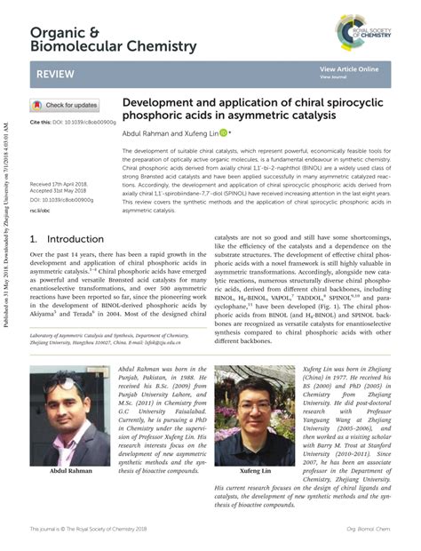 Pdf The Development And Application Of Chiral Spirocyclic Phosphoric Acids In Asymmetric Catalysis
