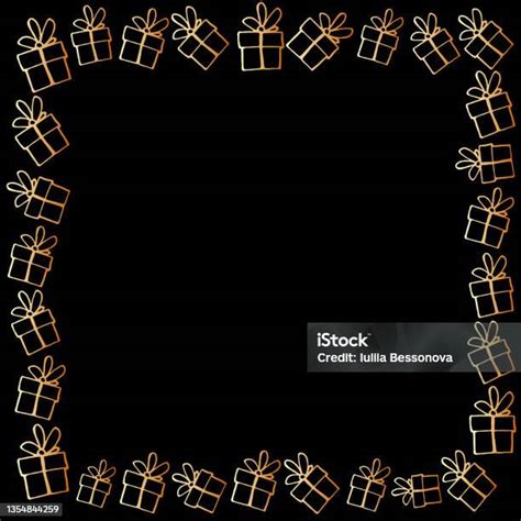 벡터 프레임 낙서 스타일의 손으로 그린 골드 윤곽 선물로 만든 테두리 휴일 선물의 테마 또한 검은 금요일 쇼핑 할인 및 판매 검은색에 대한 스톡 벡터 아트 및 기타 이미지