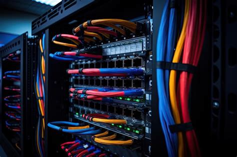 Premium Ai Image Server Rack With Colored Internet Patch Cord Cables Connected To Patch Panel
