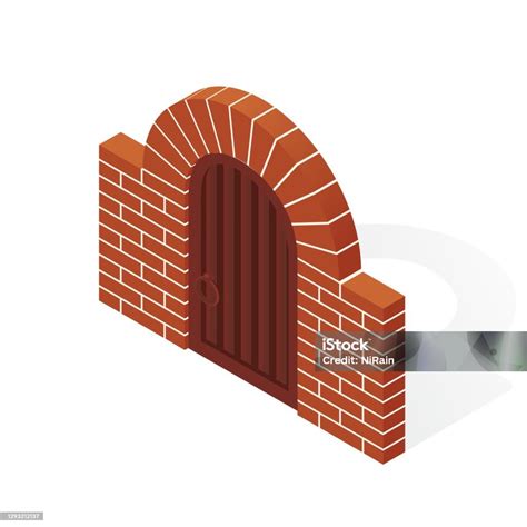 흰색 배경에 분리 된 갈색 금속 게이트벡터 일러스트 레드 브릭 아치 플랫 스타일의 문이있는 다채로운 등색 성 석조 건축 아치 만화 금속 게이트와 벽돌 벽 아이콘 벽돌에 대한