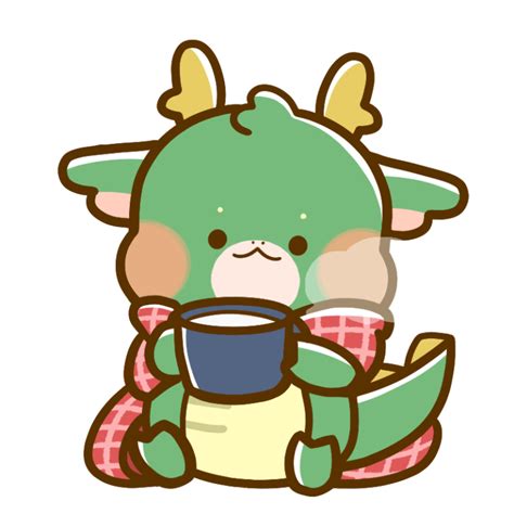 【生活・動物・干支・秋】温かい飲み物を飲んでいる辰さんのかわいいフリーイラスト フタバのフリーイラスト