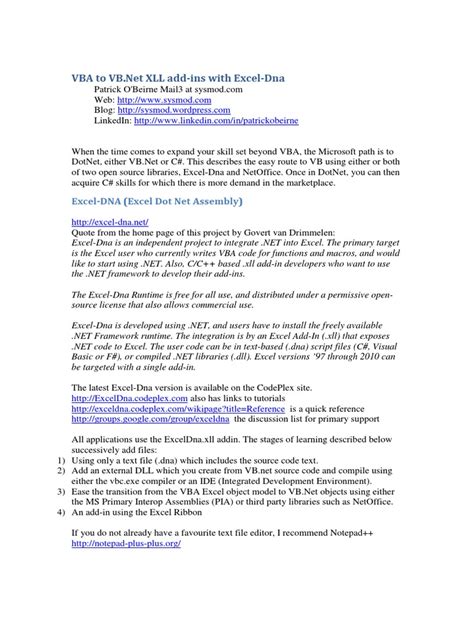 Vba To Vb Net Xll Add In With Excel Dna Pdf Visual Basic For