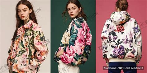 Ai创作图花卉印花 女外套 时尚 夹克 连帽 服装 款式 图案 潮流 穿搭 色彩 款式多样 女装 秋冬 春夏 昵图网