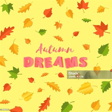 녹색 노란색 빨간색 단어가을 꿈 작곡 스타일을 잘라 종이에 노란색 바탕에 나뭇잎 가 잎 디자인 포스터 배너 전단지에 대 한 3 차원 현실 편지 T셔츠 인쇄 벡터입니다 0명에