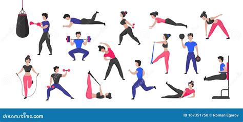 sport training cartoon male and female characters doing sport